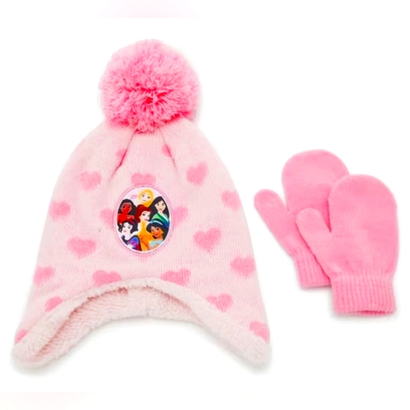 Disney | Accessories | Disney Princess Pink Hat And Mittens Set Pom Pom ...